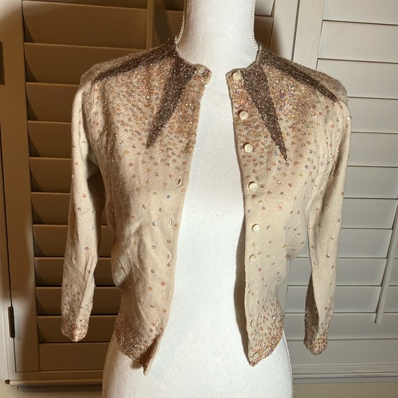 Vintage | Sweaters | Vintage 95s Tan Button Down Sweater Wgold Sequins ...